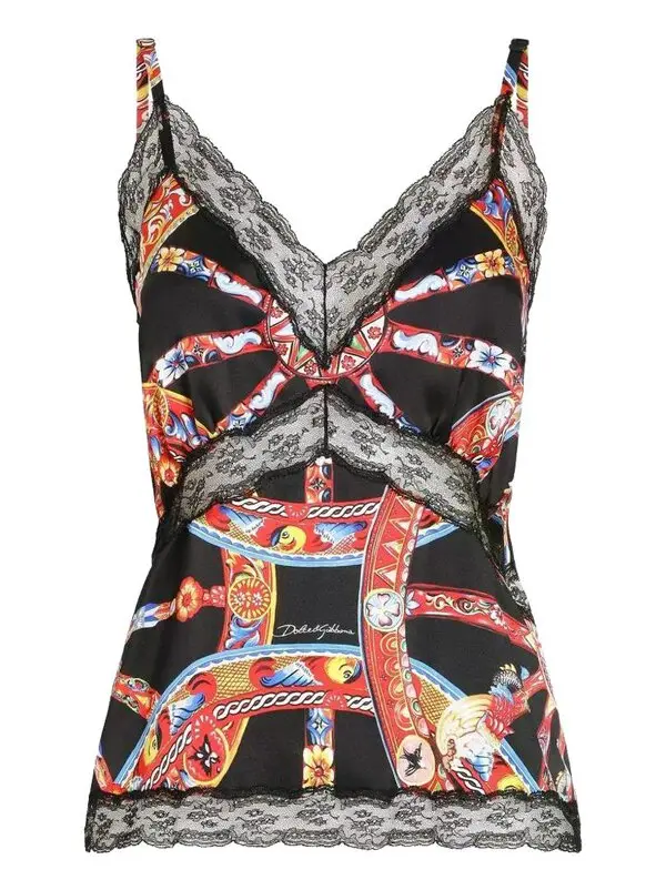 Dolce & Gabbana Carretto-print Silk Satin Top - Black