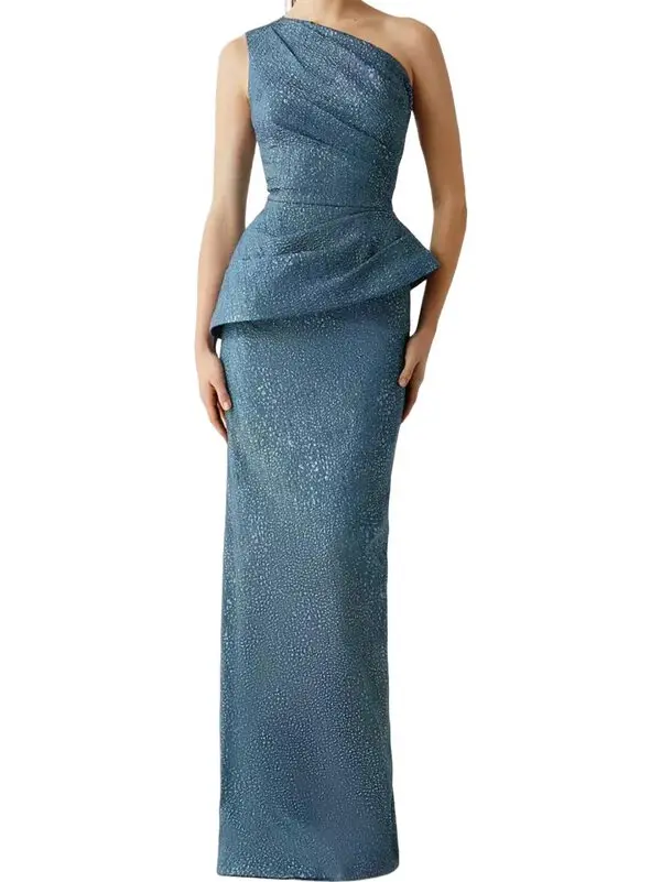 Rickie Freeman For Teri Jon Metallic Jacquard Peplum Gown - Blue