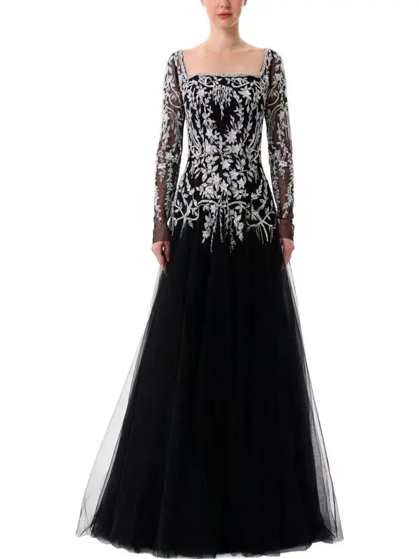 DINA MELWANI Embellished Tulle Maxi Dress - Black