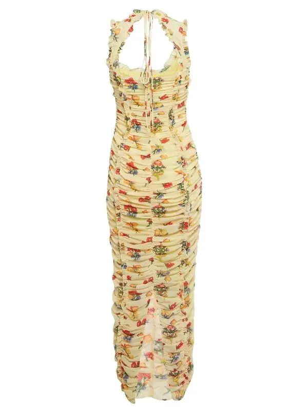 DE LA VALI Floral Print Ruched Maxi Dress - Yellow