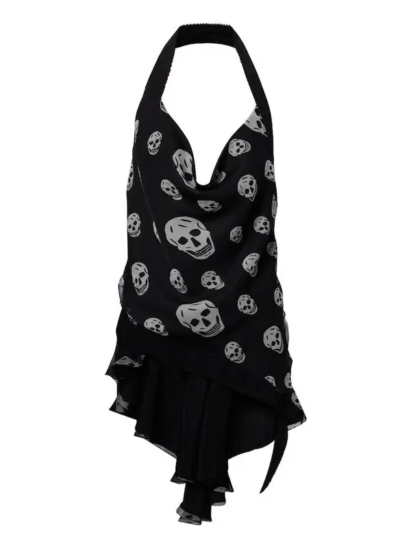 Alexander McQueen Skull Print Asymmetrical Halterneck Chiffon Top - Black