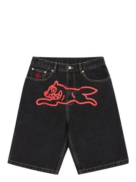 ICECREAM Denim Shorts With Animal Print And Belt Loops - Black