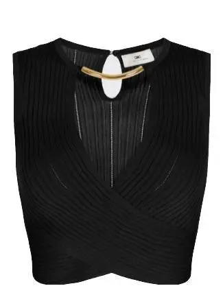 Elisabetta Franchi V-neck Sleeveless Knitted Top With Gold Metal Detail - Black
