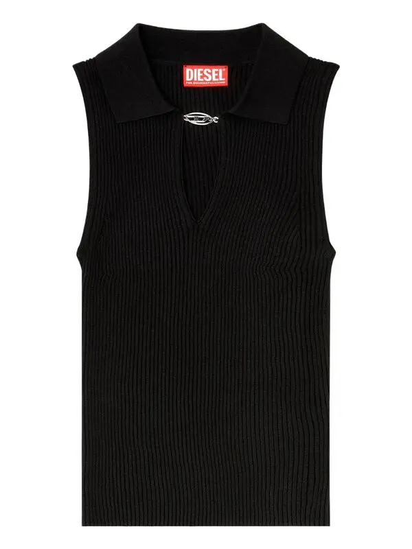 DIESEL® Sleeveless Rib-knit Silk Blend Polo Top - Black