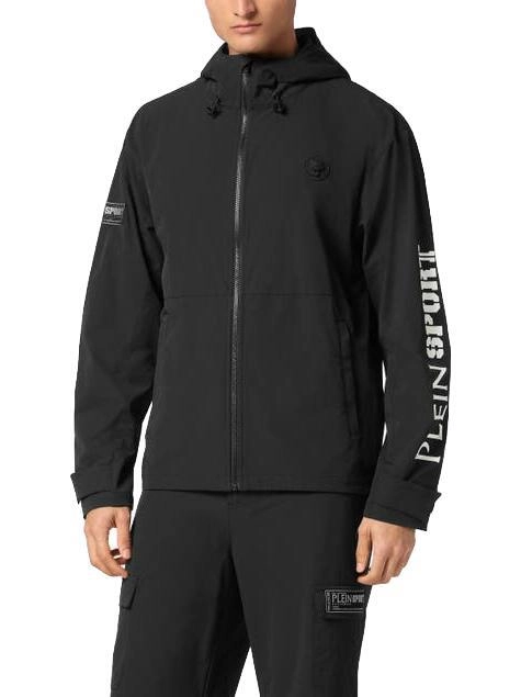 PLEIN SPORT Technical Nylon Hooded Windbreaker Jacket With Long Sleeves - Black