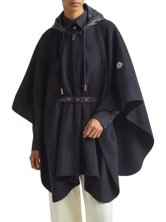 Moncler Zip Padded Wool Blend Hooded Cape - Blue