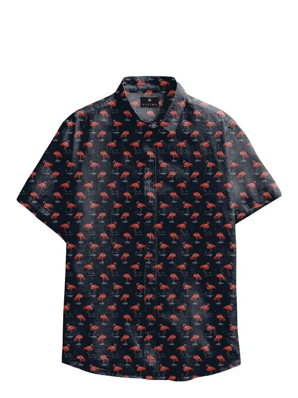 VUSTRA Flamingo Print Short-sleeve Button-down Shirt - Blue/red
