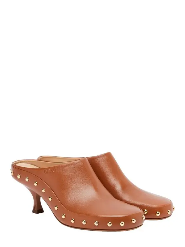 Chloé Studded Leather Clogs - Brown
