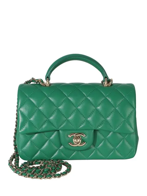 Chanel Quilted Lambskin Top Handle Rectangular Flap Bag - Green