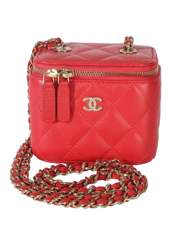 Chanel Quilted Caviar Vanity Case With Chain Strap - Red