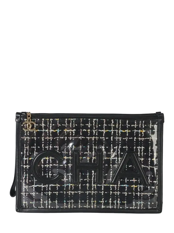 Chanel Tweed Pvc Lambskin Logo Pouch - Black