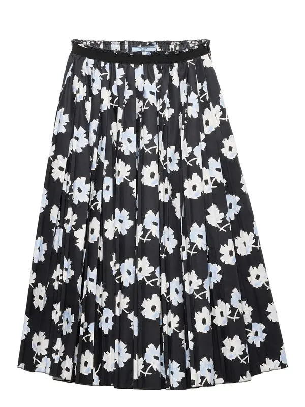 Prada Pleated Poplin Floral Print Midi Skirt - Black
