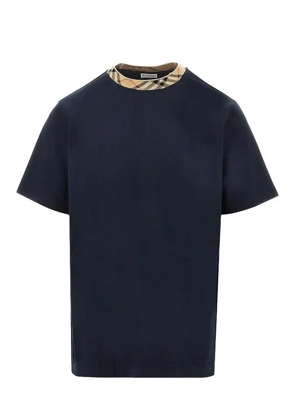 Burberry Cotton T-hirt With Check Crewneck - Blue