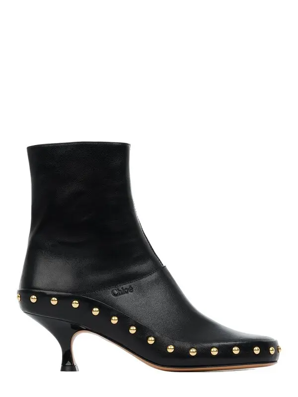 Chloé Junie Heeled Ankle Boots With Gold-tone Studs - Black