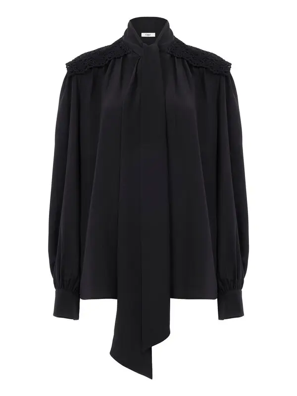 Chloé Gathered Scarf-tie Blouse In Crêpe De Chine & Lace - Black
