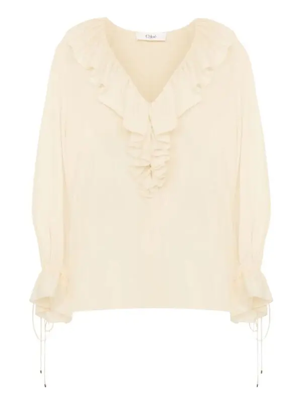 Chloé V-neck Ruffle Top In Crêpe De Chine - Pristine White