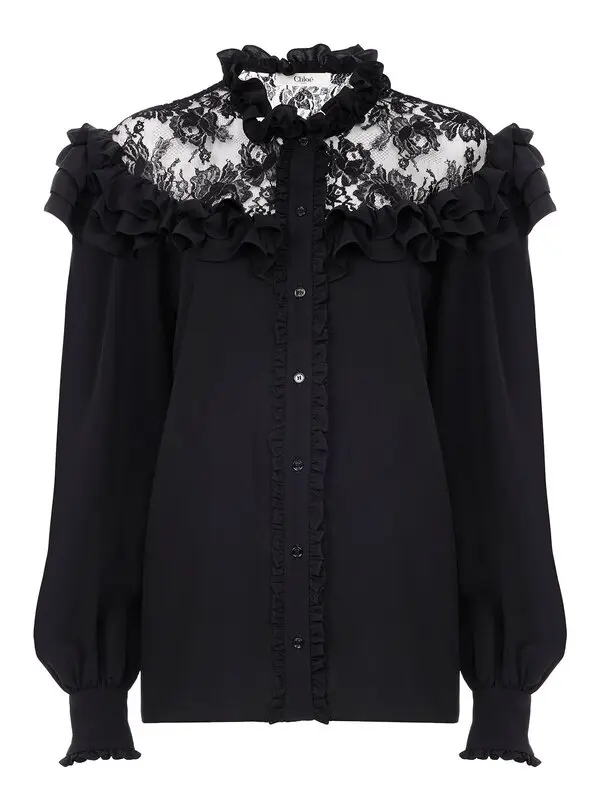Chloé High-neck Ruffled Lace Insert Blouse - Black