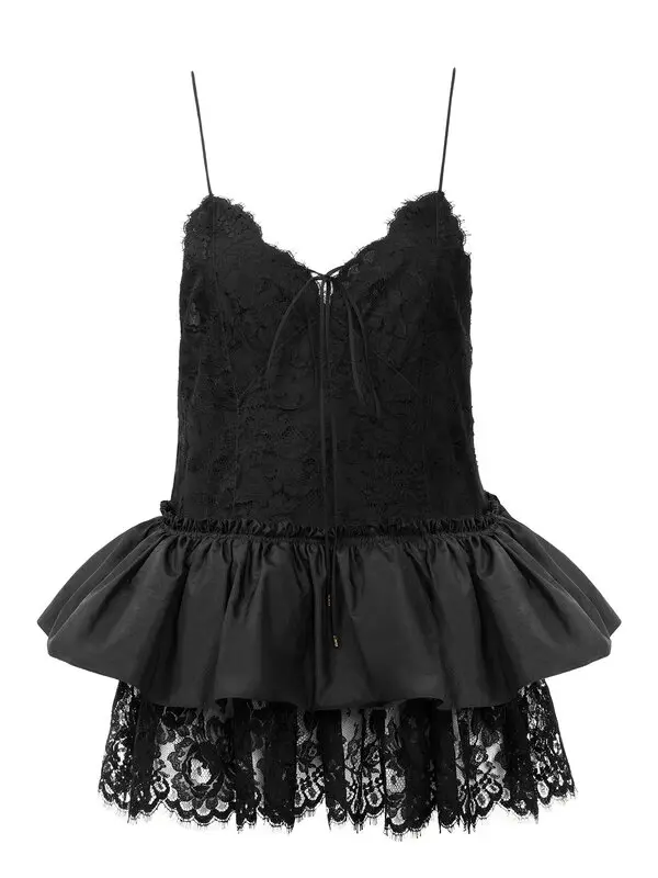 Chloé Thin-strap Ruffle Top In Technical Taffeta And Lace - Black