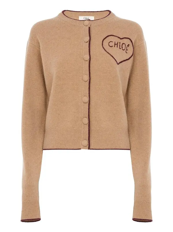 Chloé Fitted Logo Cardigan In Wool & Cashmere - Bleached Brown