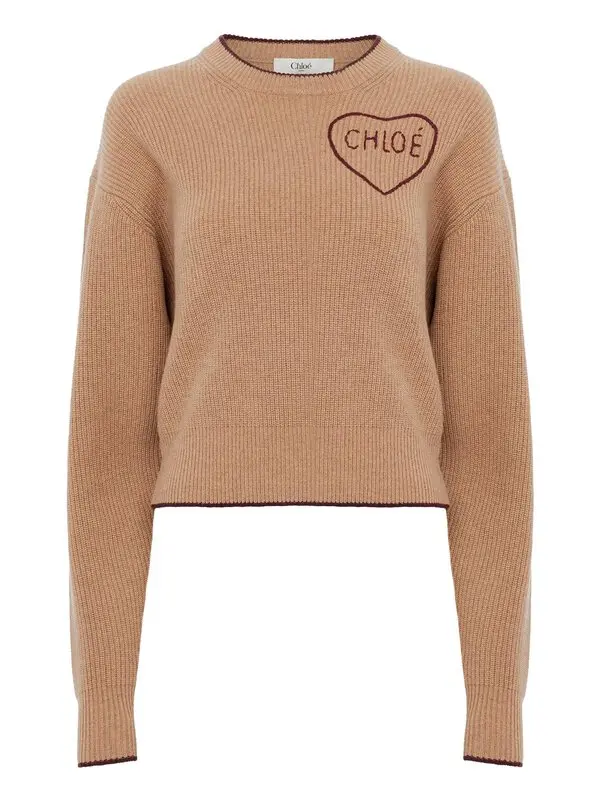 Chloé Cropped Fitted Wool & Cashmere Logo Sweater - Bleached Brown