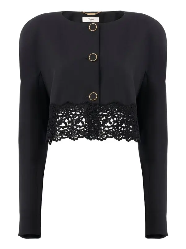 Chloé Cropped Jacket In Wool Grain De Poudre With Lace Trim - Black