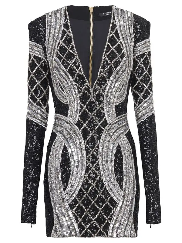 Balmain Short Sequined V-neck Dress - Black