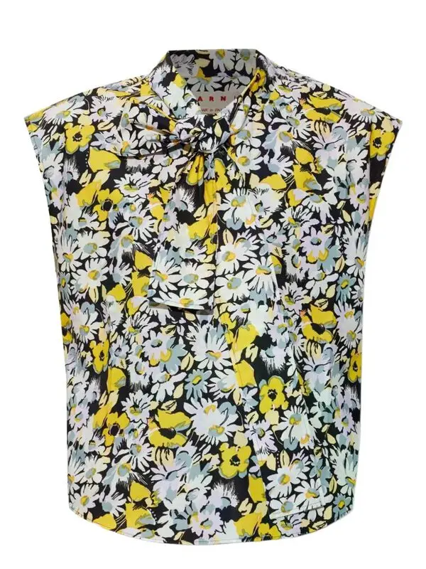 Marni Floral Print Pussy-bow Top - Black