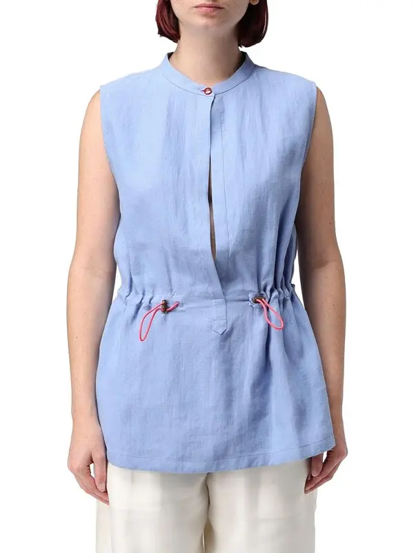 Giorgio Armani Sleeveless Crew Neck Hemp Top With Drawstring Waist - Gnawed Blue
