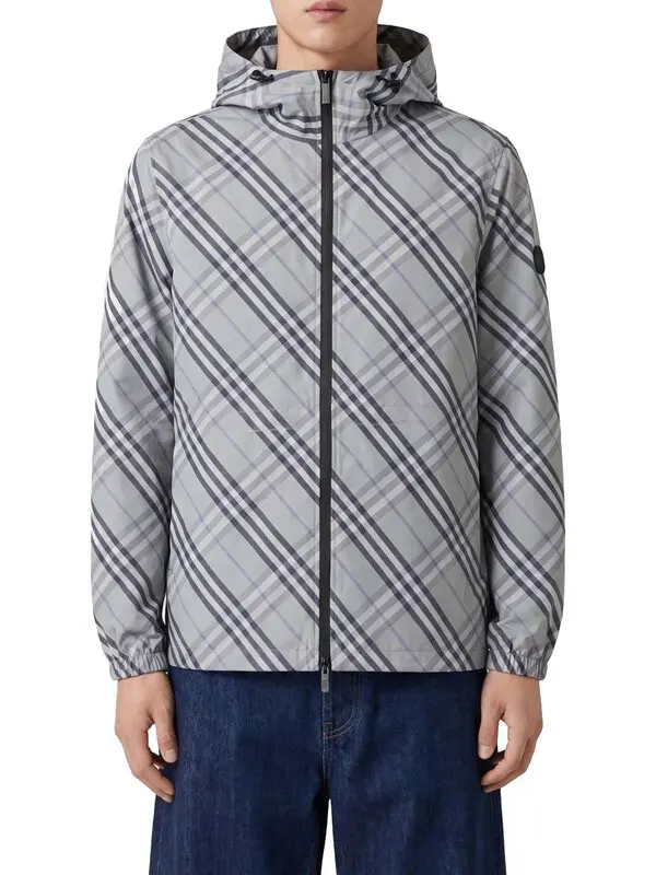 Burberry Technical Fabric Checked Hooded Windbreaker Jacket - Grey