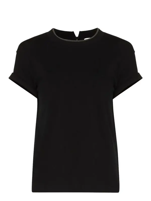 Brunello Cucinelli Stretch Cotton Jersey T-shirt With Embellished Neckline - Black