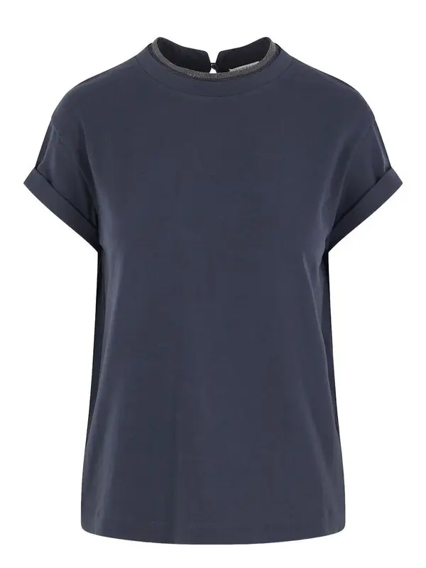 Brunello Cucinelli Stretch Cotton Jersey T-shirt With Embellished Neckline - Blue