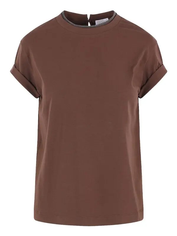 Brunello Cucinelli Stretch Cotton Jersey T-shirt With Embellished Neckline - Brown
