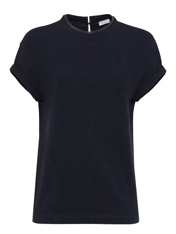 Brunello Cucinelli Stretch Cotton Jersey T-shirt With Embellished Neckline - Grey