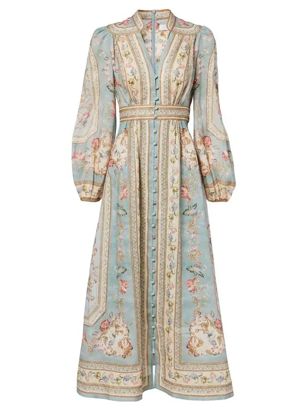 Zimmermann Roselight Floral Linen Midi Dress - Blue