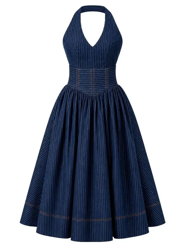 OFUURE Denim Pinstripe Midi Dress - Blue