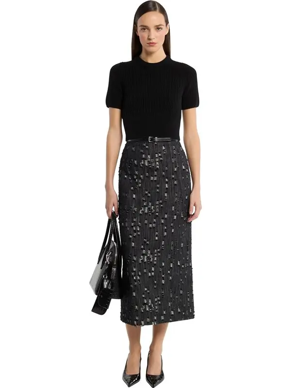 Michael Kors Frayed Denim Midi Skirt - Black