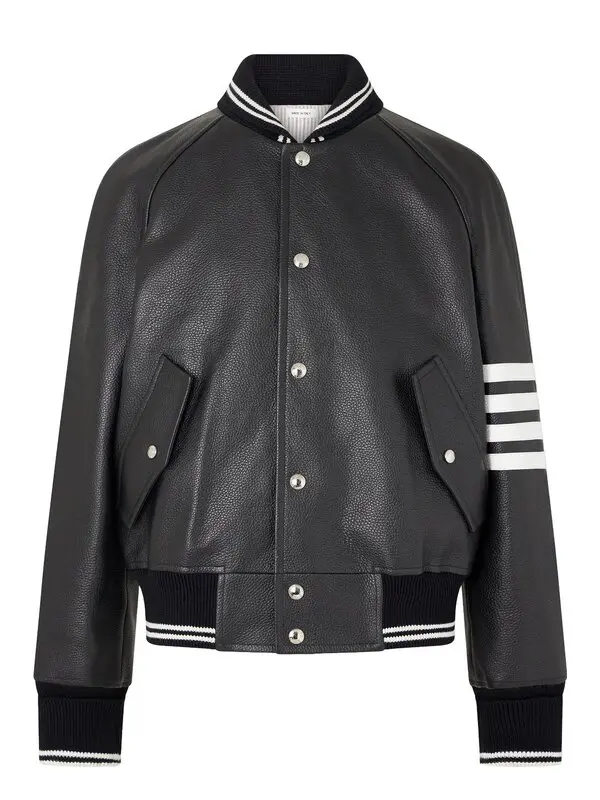 Thom Browne Oversized Striped Leather Bomber Jacket - Black