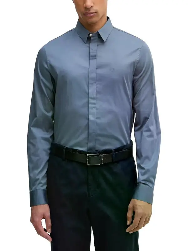Armani Exchange Logo-embroidered Concealed-fastening Shirt - Blue