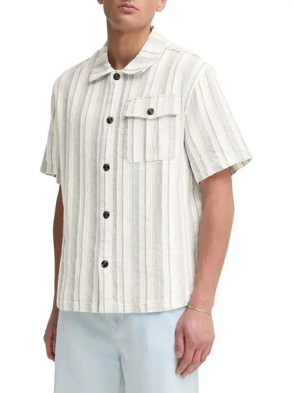 !SOLID Umber Stripe Short Sleeve Linen Blend Button-up Shirt - Skyway