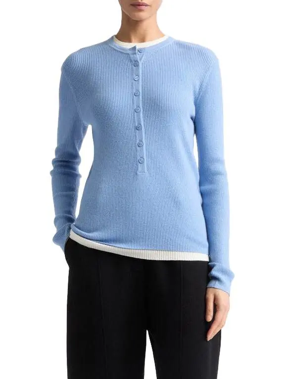 LISA YANG Airi Cotton & Cashmere Ribbed Henley - Soft Sky