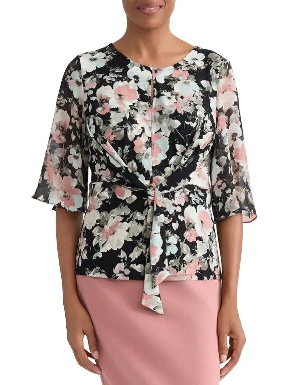 KASPER Floral Print Mixed Media Tie Waist Top - Black Multi
