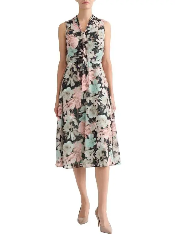 KASPER Sleeveless Floral Print Midi Dress With Tie Neck - Black Multi