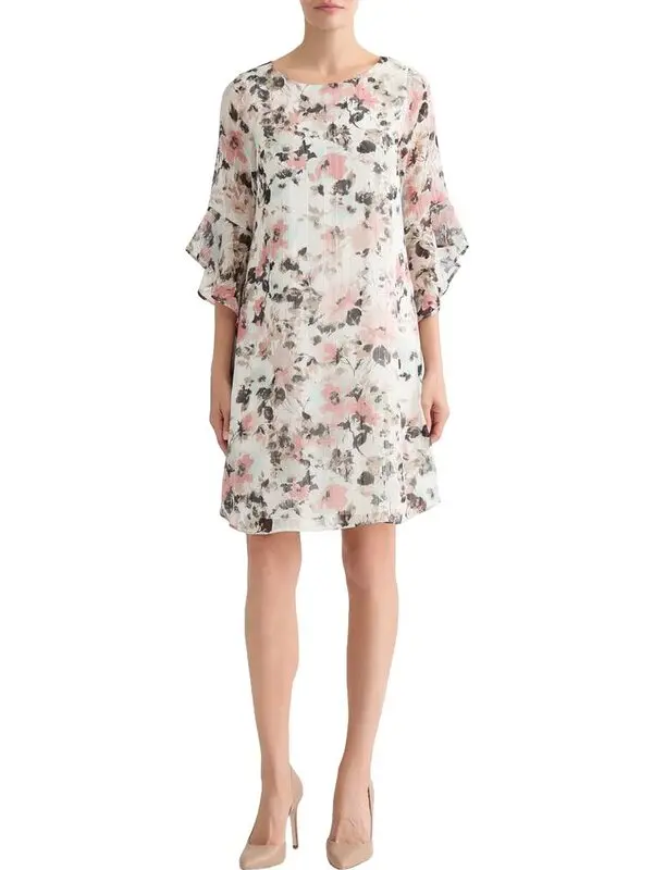 KASPER Metallic Floral Print Ruffle Shift Dress - Vanilla Ice Multi