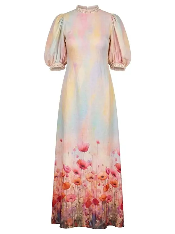 GLAM ON YOU Bloom Dress Floral Print Maxi Dress With Lace Details - Pink