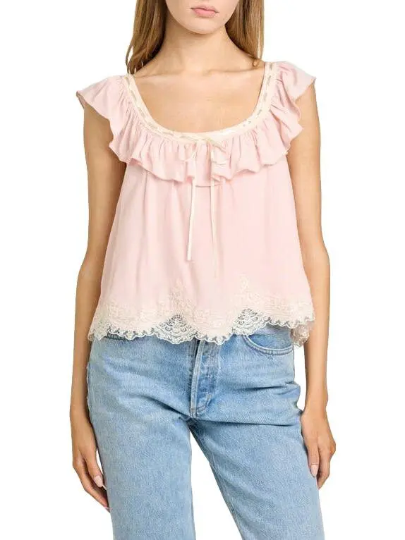 WAYF Lace Trim Ruffle Collar Top - Blush