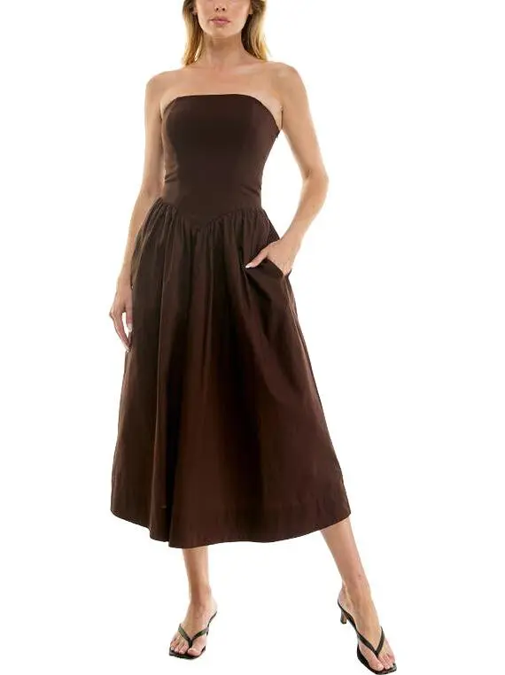 SOCIALITE Strapless Mixed Media Midi Dress - Espresso