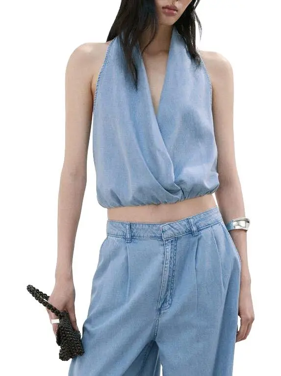 Mango Drape Plunge Neck Sleeveless Top - Light Blue