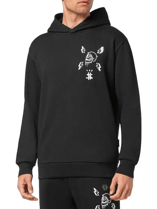 Philipp Plein Hexagon Skull Graphic Cotton Hoodie - Black
