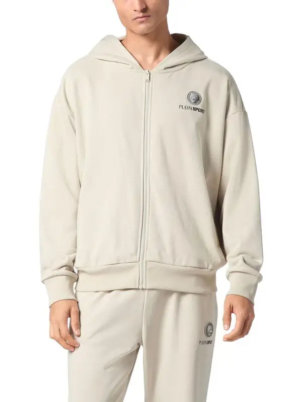 PLEIN SPORT Oversize Zipped Hoodie Sweatshirt With Graphic Prints - Grey