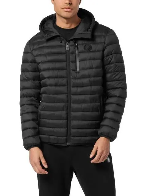 PLEIN SPORT Padded Quilted Nylon Zip-up Hoodie Jacket With Tiger Emblem - Black